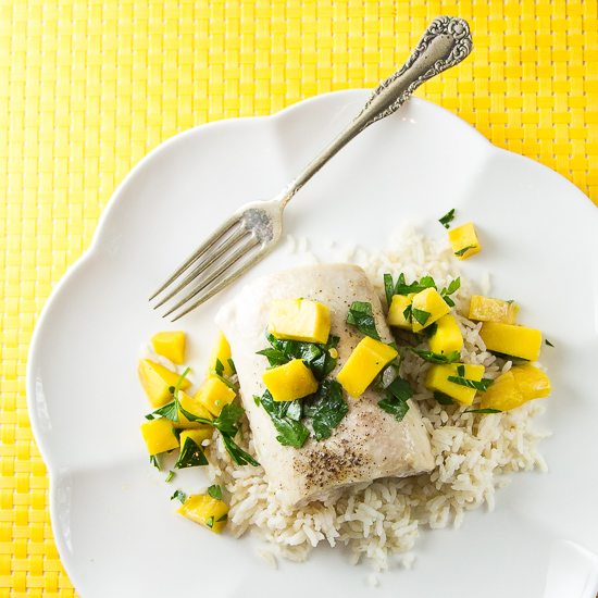 Mahi Mahi with Coconut-Ginger Rice and Mango Salsa - Sidewalk Shoes